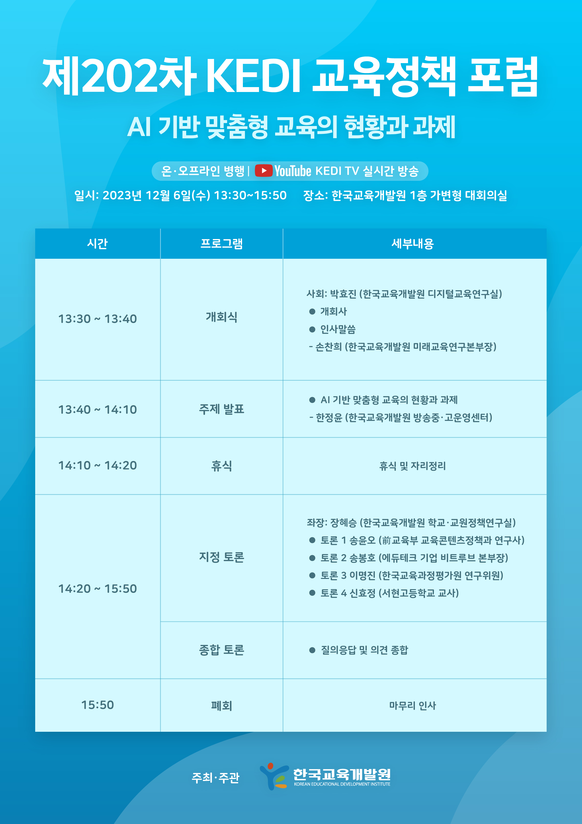 제202차 Kedi 교육정책포럼 Ai 기반 맞춤형 교육의 현황과 과제 행사 일정 소식·소통 Nrc 경제인문사회연구회
